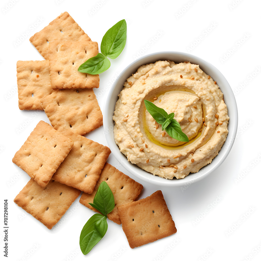 Whole grain crackers and hummus isolated on white background, simple ...