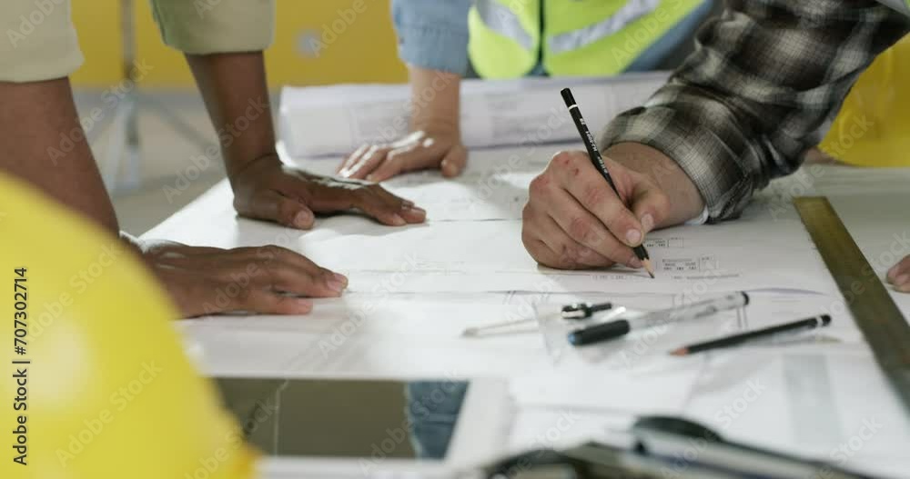 Engineering, blueprint teamwork and hands at construction site for ...