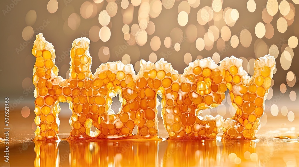 the word "honey" in a glossy, golden script, dripping with thick honey ...