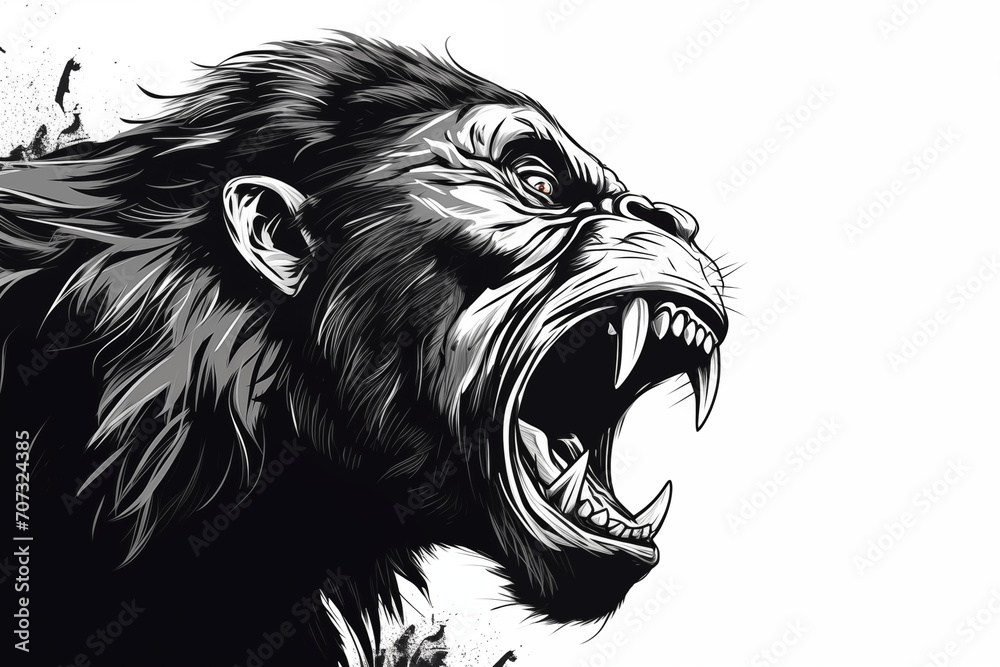 Close up of the head of a monkey ape angry ferocious and mean ready to attack roar angry black ...