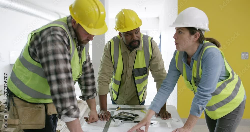 Engineering, floor plan and people with teamwork for construction site ...