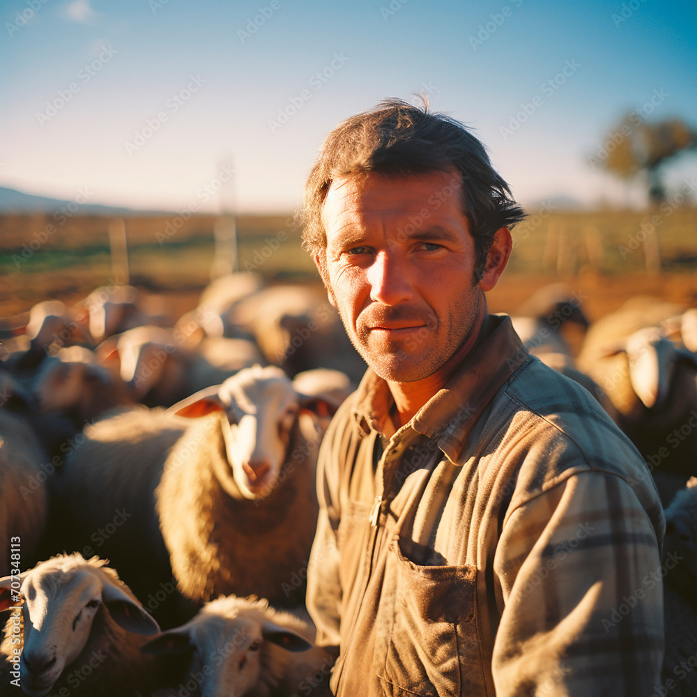 Shepherd, sheep breeder, farmer, tired man in dirty work clothes ...