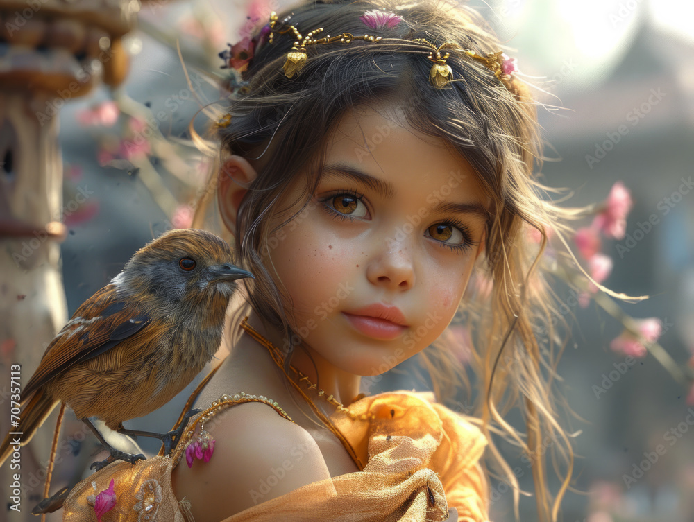 Little Girl With Bird on Shoulder in a Charming Moment of Connection. A ...