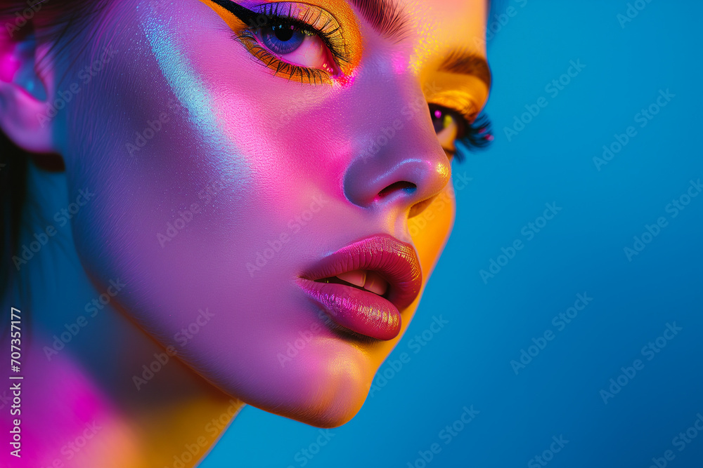 Fashion model woman face with fantasy art make-up. Bold makeup, glance ...