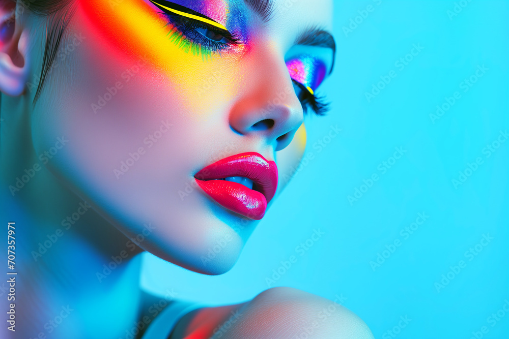 Fashion model woman face with fantasy art make-up. Bold makeup, glance ...