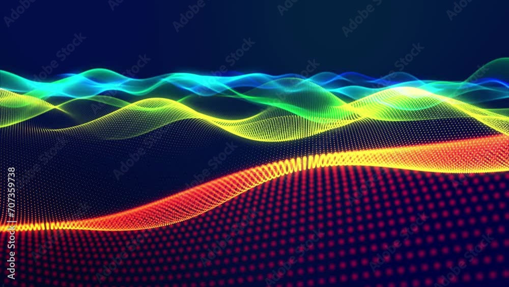 Waves run on surface. Neon glow. Glowing particles form surface ...