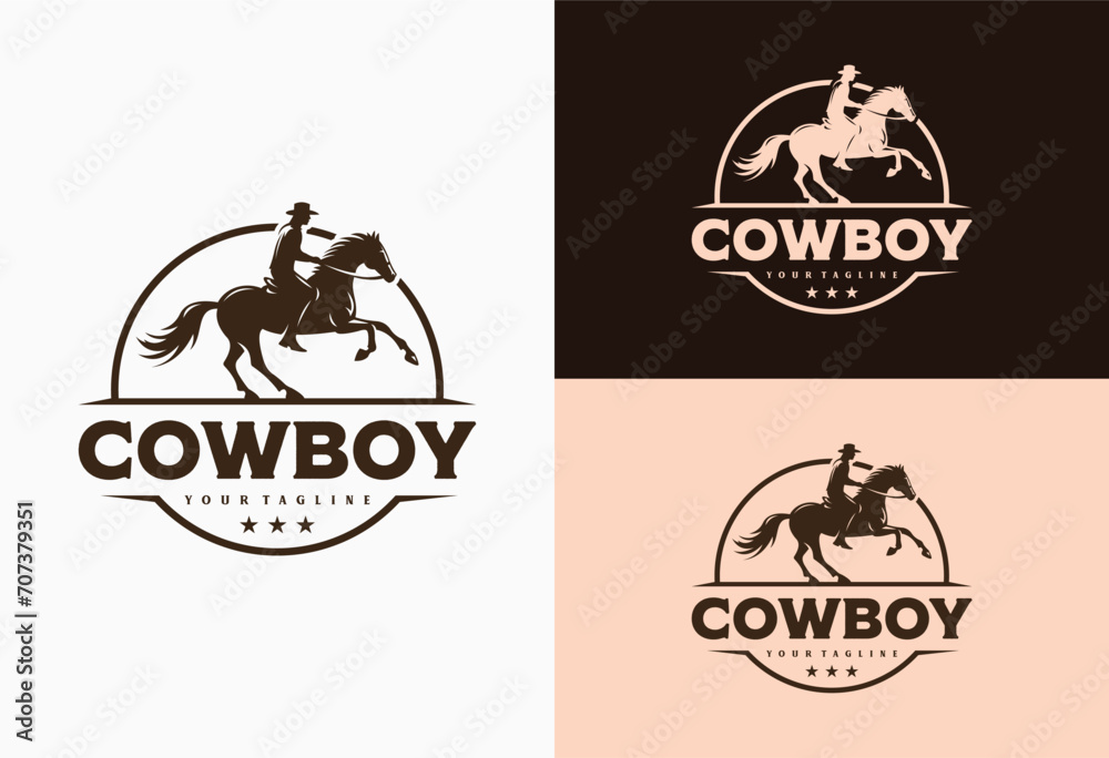 cowboy logo riding a horse with circle background design vector ...
