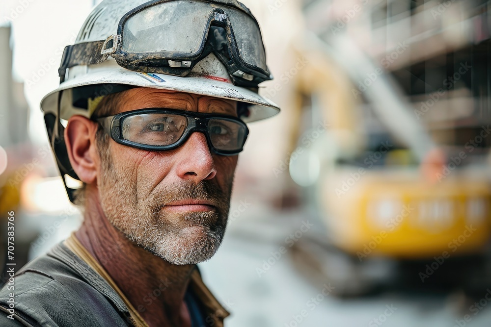 A rugged construction worker stands proudly in the city streets, his ...
