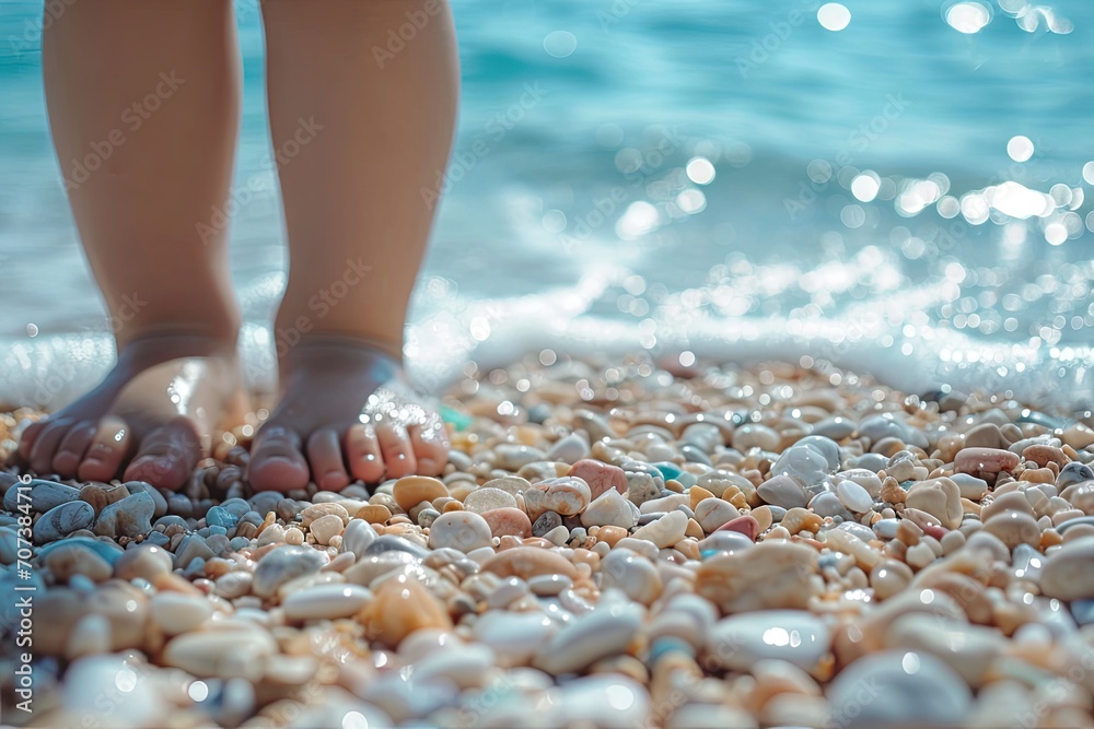 Children s feet on small beach pebbles in front of the azure sea ...