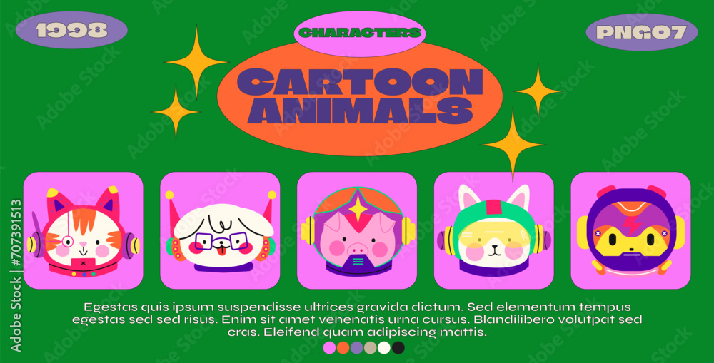 Y2k animals robots futuristic retro cartoon style. Animal head mascots ...