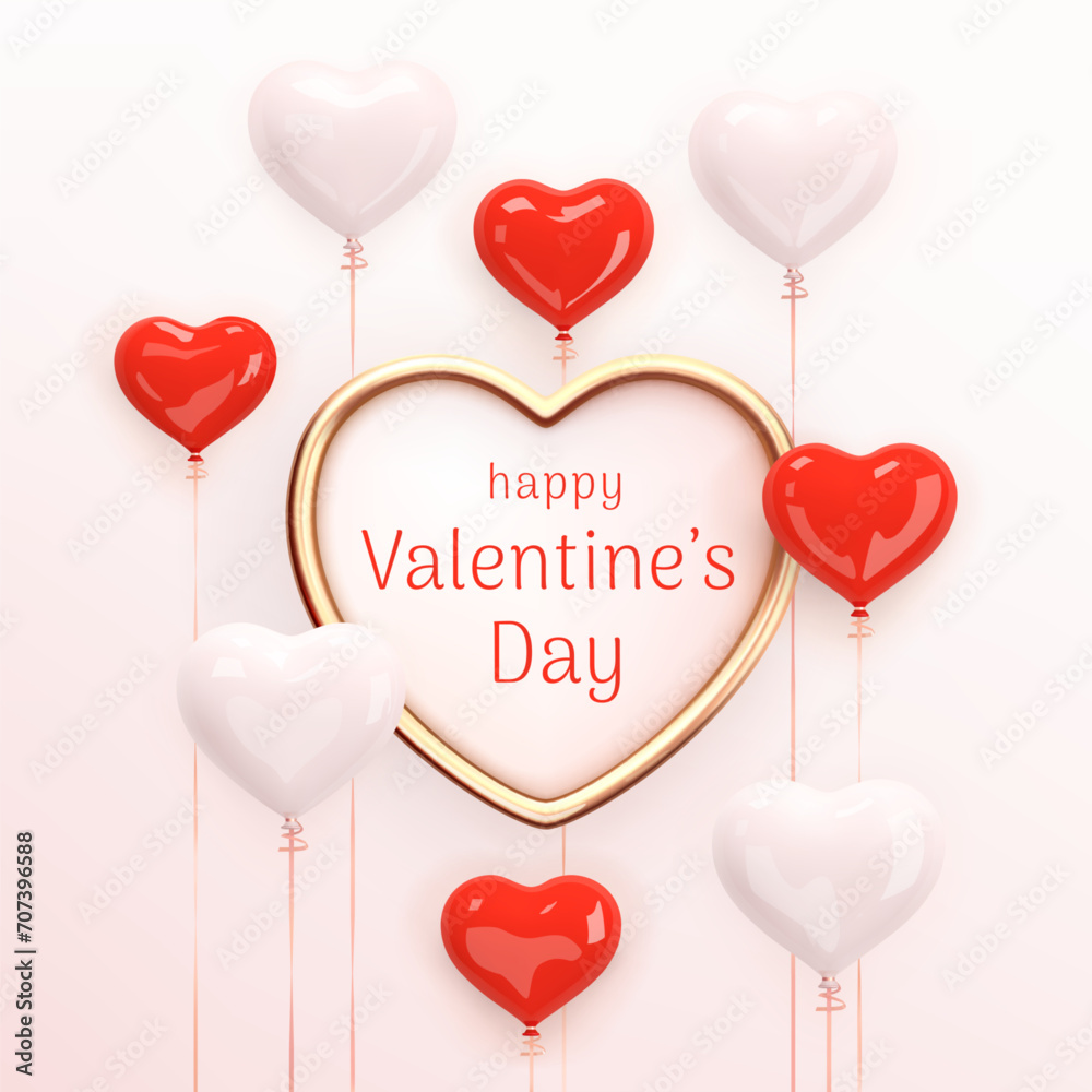 Happy Valentine's Day. Love card with gold heart frame and heart ...