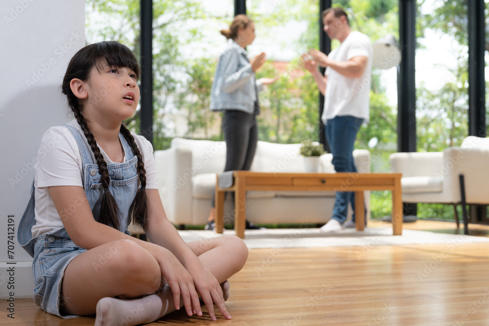 Stressed and unhappy young girl huddle in corner crying and sad while ...
