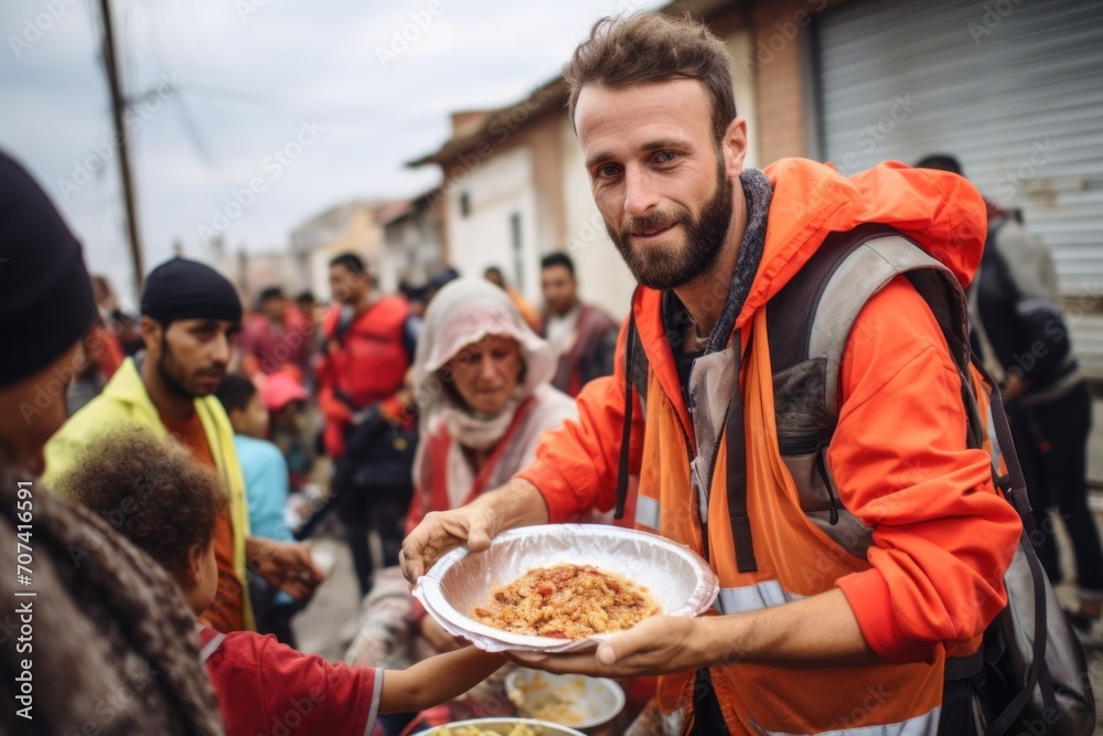 A compassionate man in vibrant orange attire offers a plate of food to ...