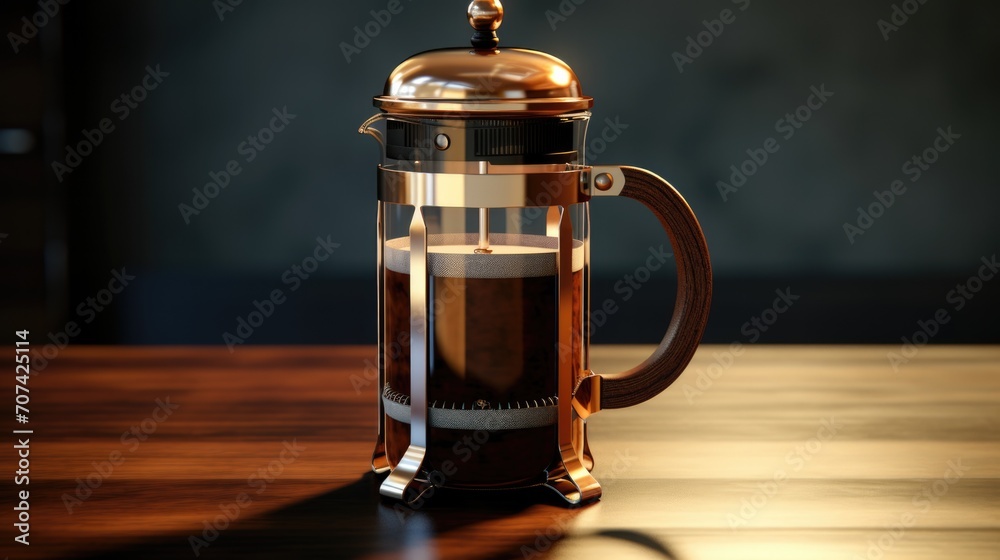classic French press coffee maker, emphasizing its glass and metal ...