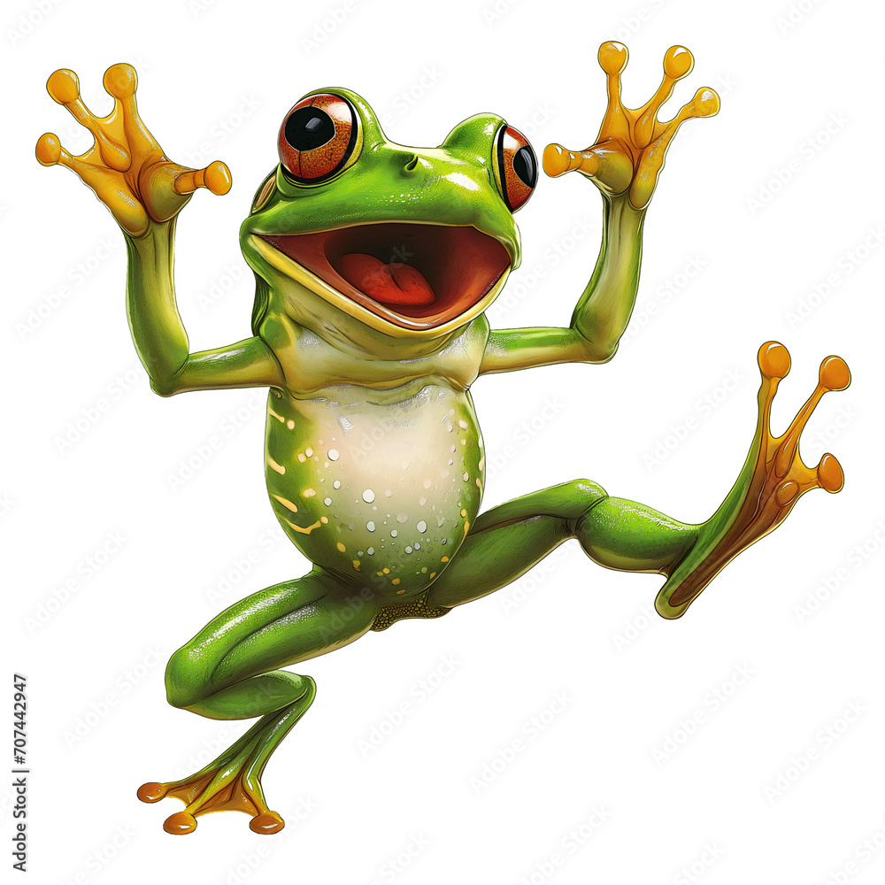Ilustrace „grüner lustiger Frosch in freudiger Pose mit starker Gestik ...