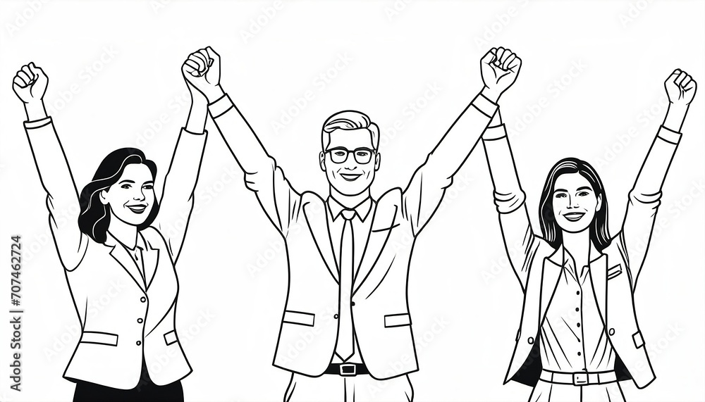 Business team members standing together with arms raised, celebrating ...
