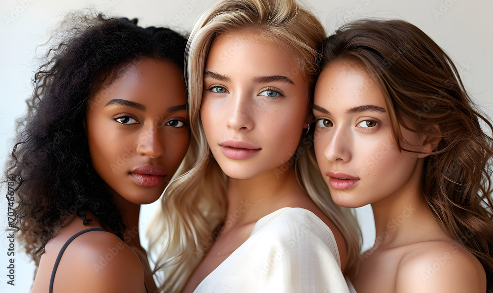 three beautiful female models standing next to each other at a fashion ...