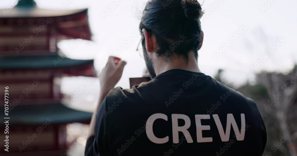 Photography, man and working crew from the back in Japan shooting with ...
