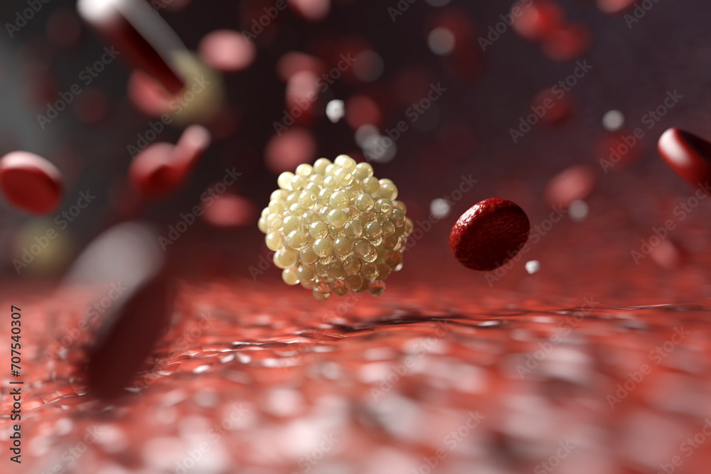 Omega 3 Fatty acid molecules amid flowing red blood cells in arteries ...