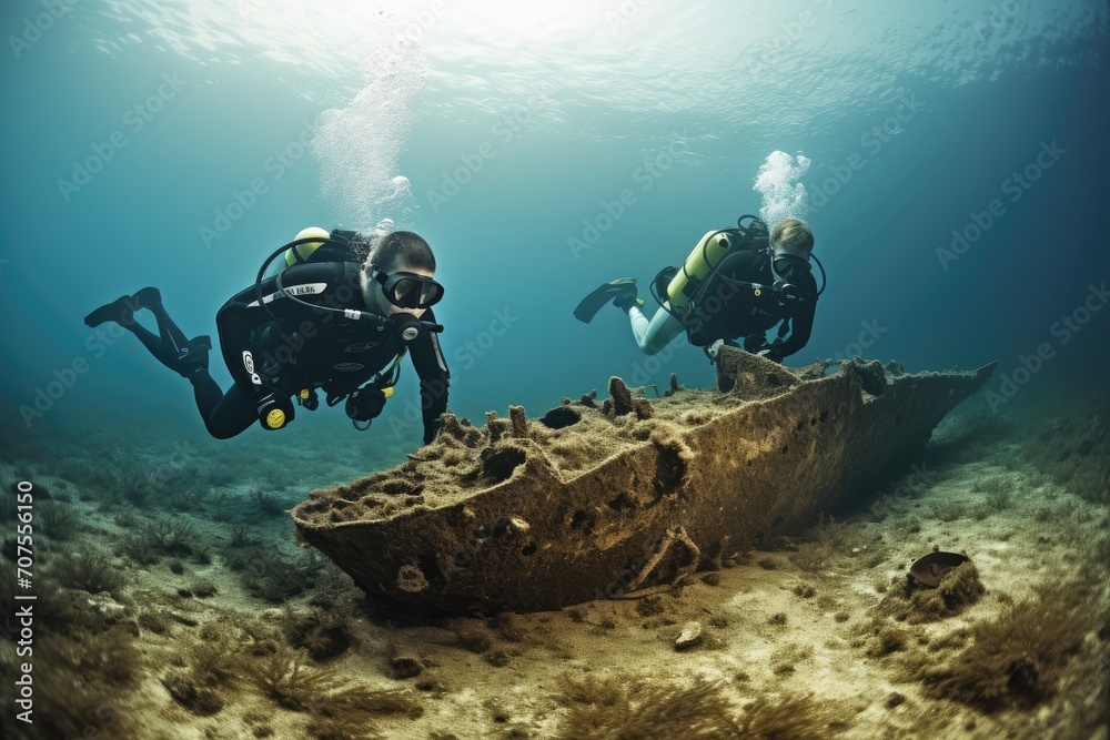 Shipwreck Exploration: Divers discovering the remains of an ancient ...