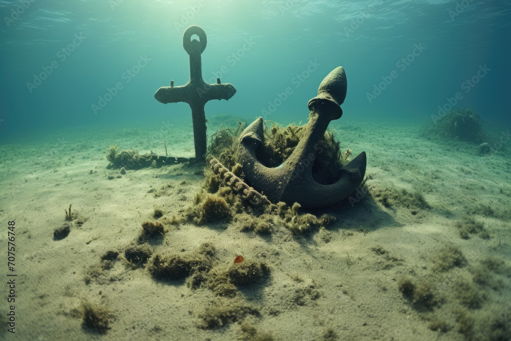 Sunken Anchor: An anchor resting on the sandy bottom surrounded by ...