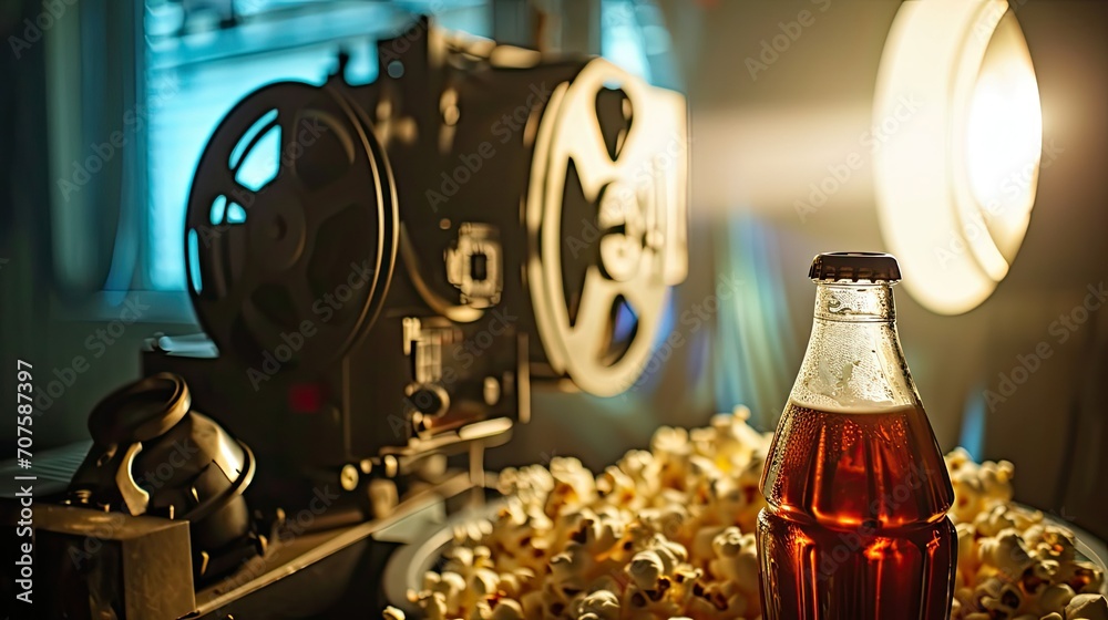 Photograph of a retro movie projector casting light on a wall, with a ...