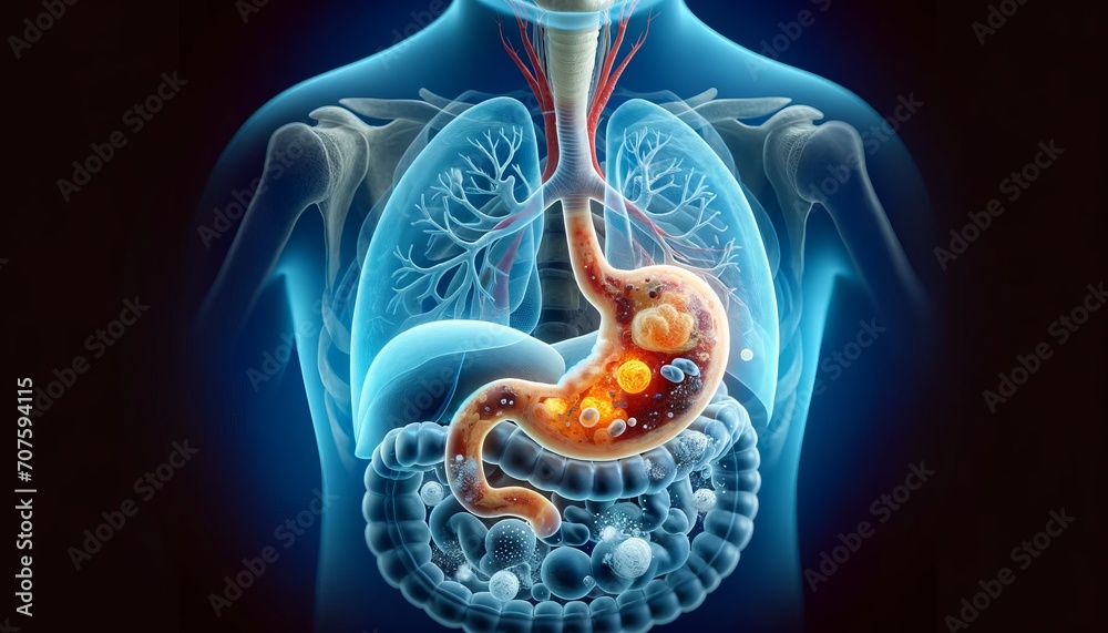 acid reflux, gastritis, dark blue background, medical illustration ...