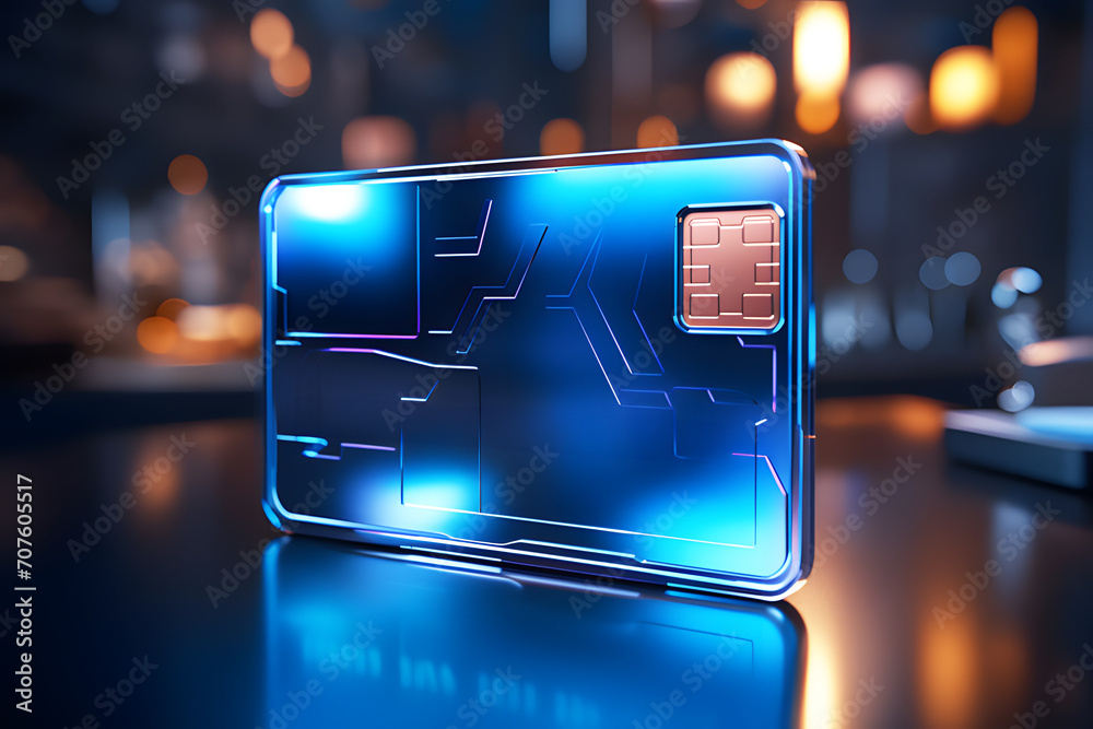 Holographic of digital dark blue credit card display blue background ...