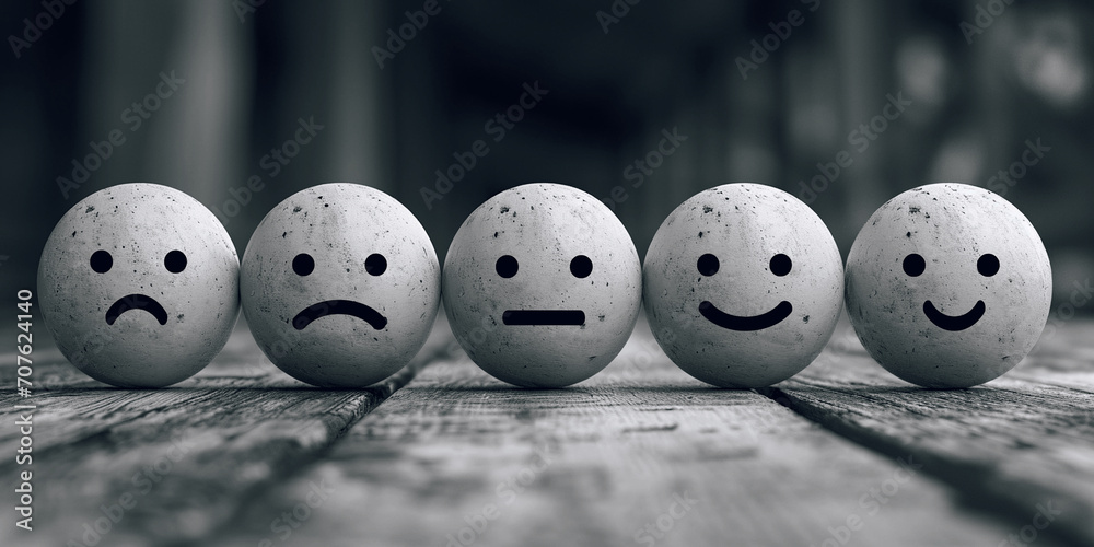 Emotions at a glance - faces on stone balls - from sadness to happiness ...