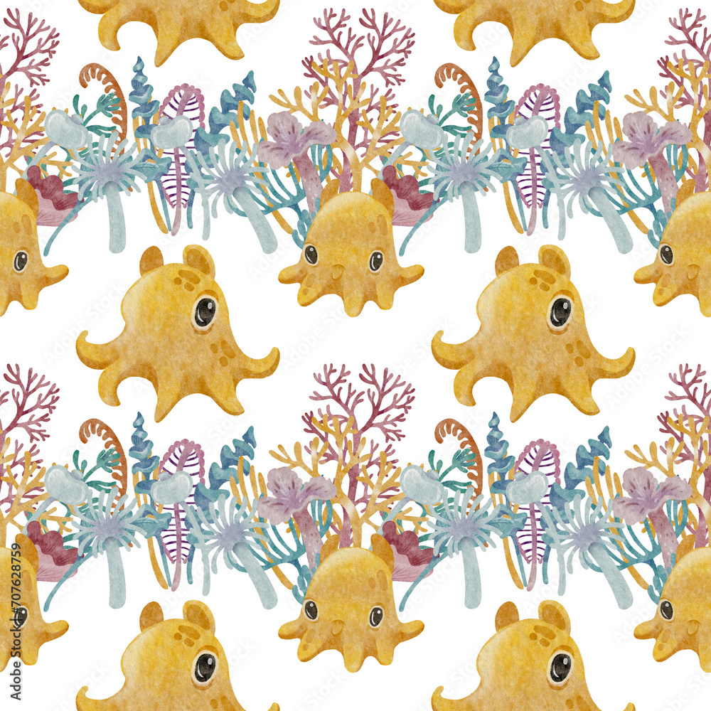 Cute cartoon dumbo octopus watercolor art with corals. White background ...