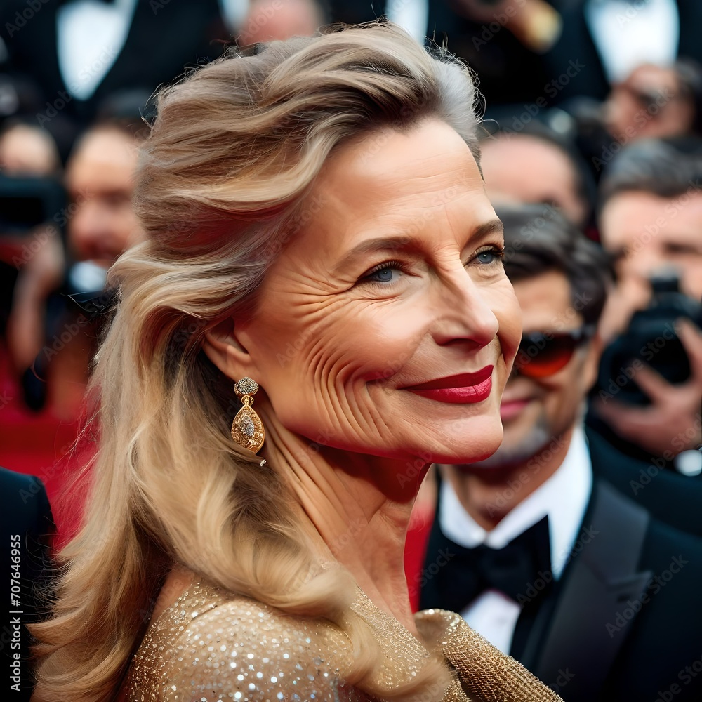 female woman movie star on a red carpet awards event with photographers ...