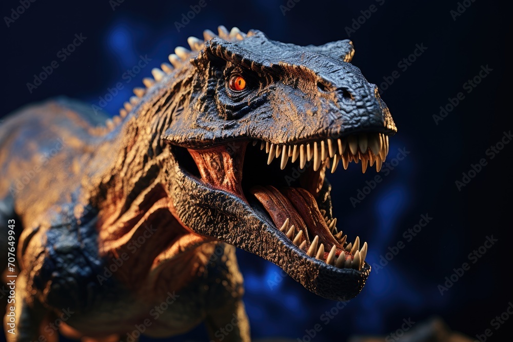 Close-up of a realistic Tyrannosaurus Rex model against a dark blue ...
