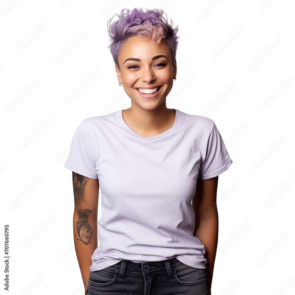 front view mid body shot of a transgender person in a graphic tee with ...