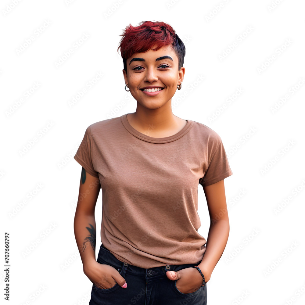 front view mid body shot of a transgender person in a graphic tee with ...