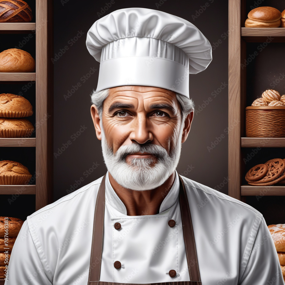Portrait baker man in his 60s in uniform in his bakery. His smiles ...