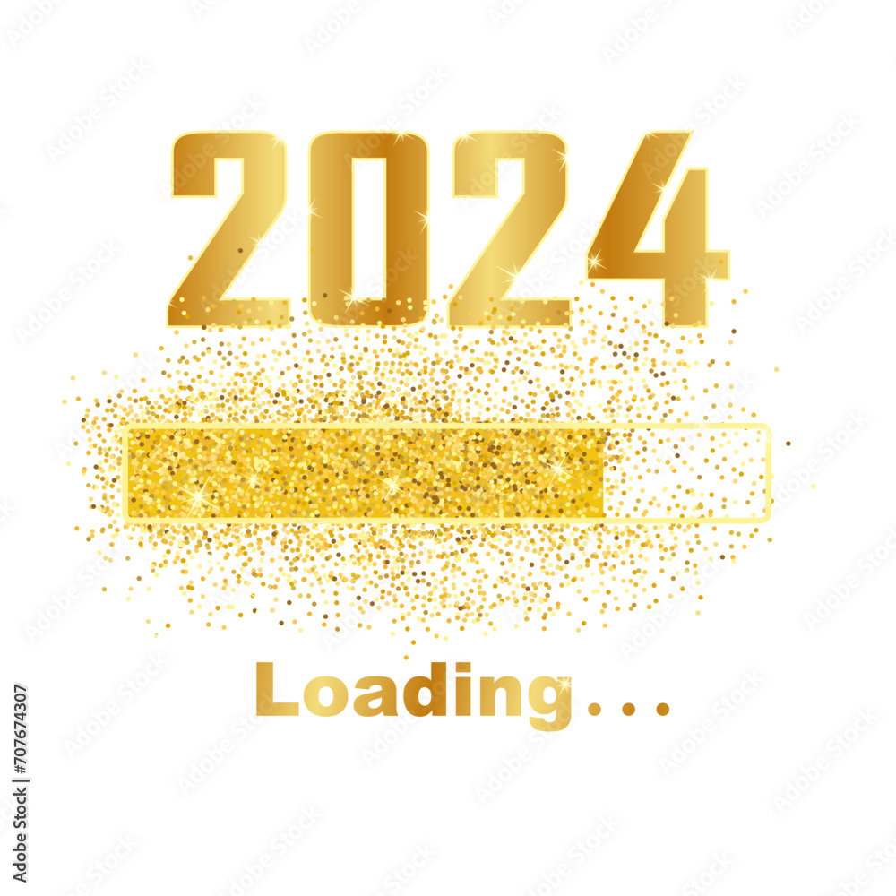 Loading new year 2024. Greeting card bright sparkles. Gold dust loading ...