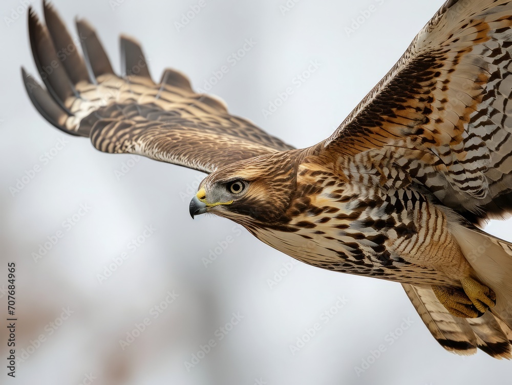 Powerful hawk in flight, wings elegantly spread against a soft ...