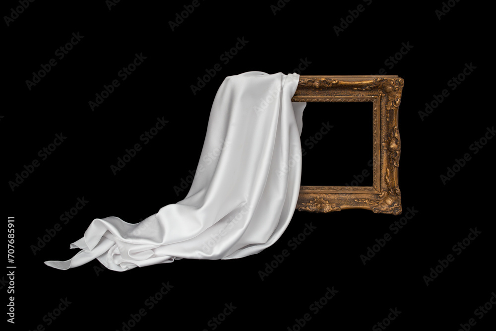 White satin fabric, unveiling a golden brown frame, levitating isolated ...