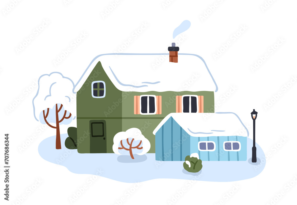 Winter house and barn, roofs covered with snow, smoke from chimney ...