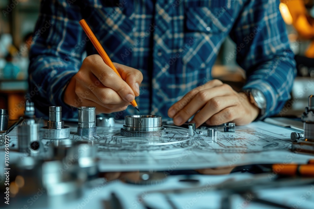 Mechanical engineer working with machine and gear and blueprint ...