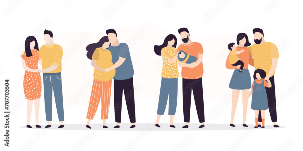 Set of characters showing stages of family development. Creation, birth ...