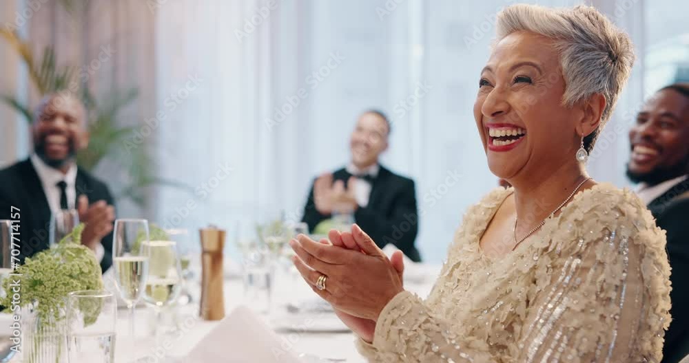 Senior woman, applause and happy at event, praise and respect with ...