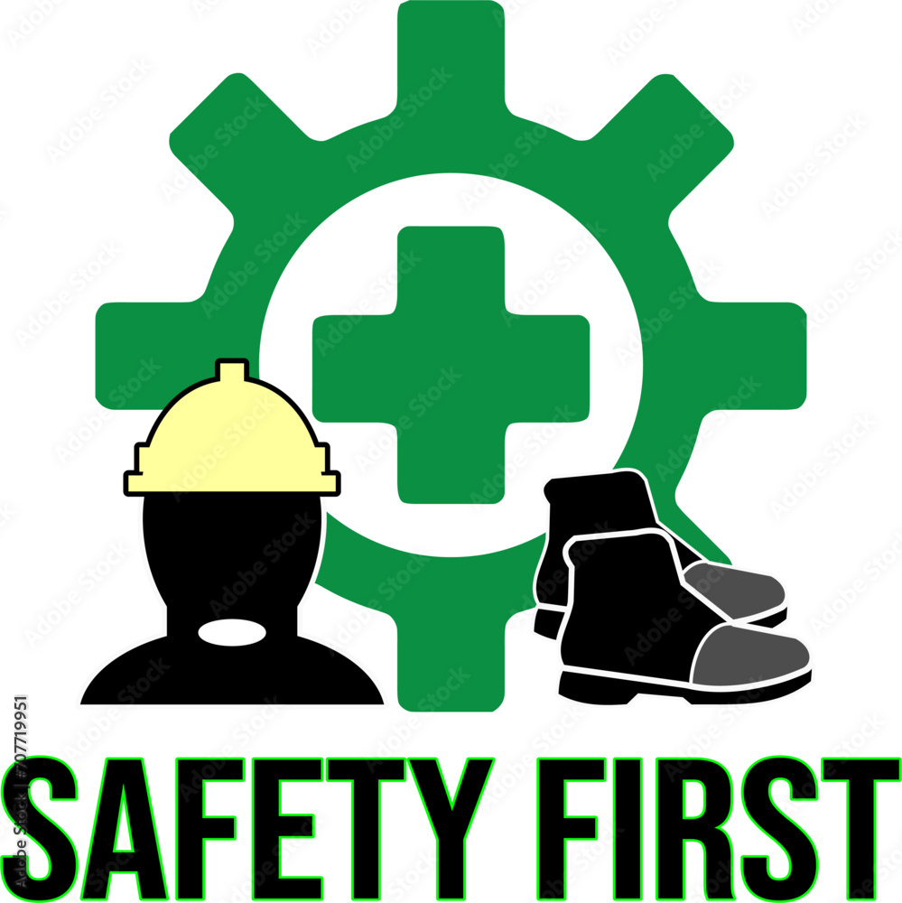 Safety first logo or green medical symbol with helmet and safety shoes ...