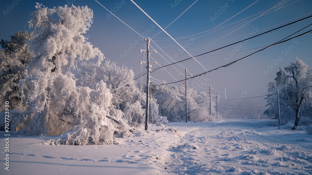 An intense ice storm coating trees and power lines with thick ice ...
