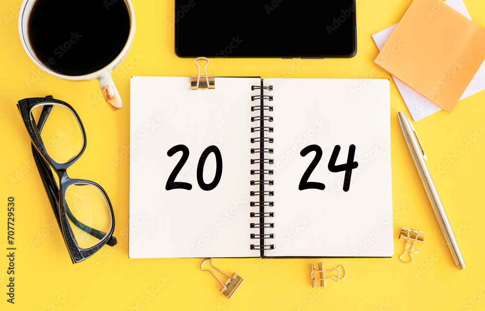 New Year Aims 2024. To Do List. Top view. Creating Plan, Resolution ...