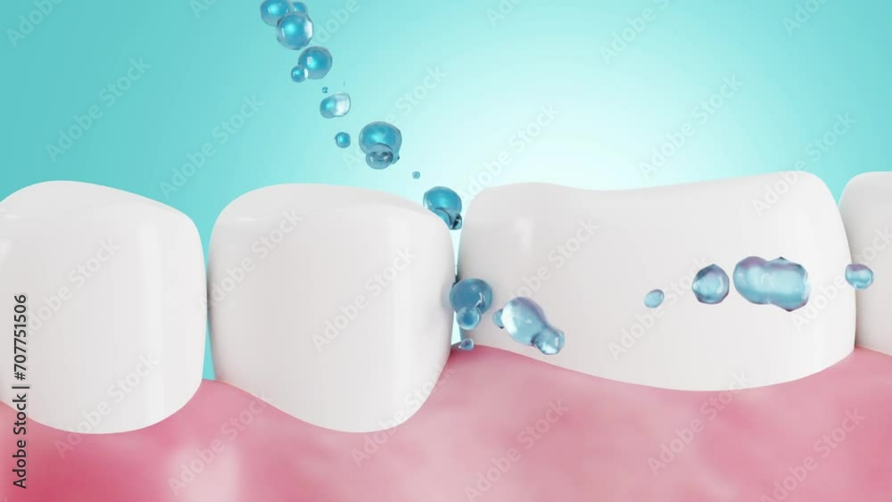 Drops of blue essence pass through teeth, pushing dirty plaque out ...