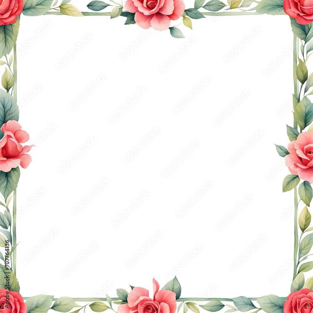 Watercolor rose flower and leaves square border frame clipart for ...