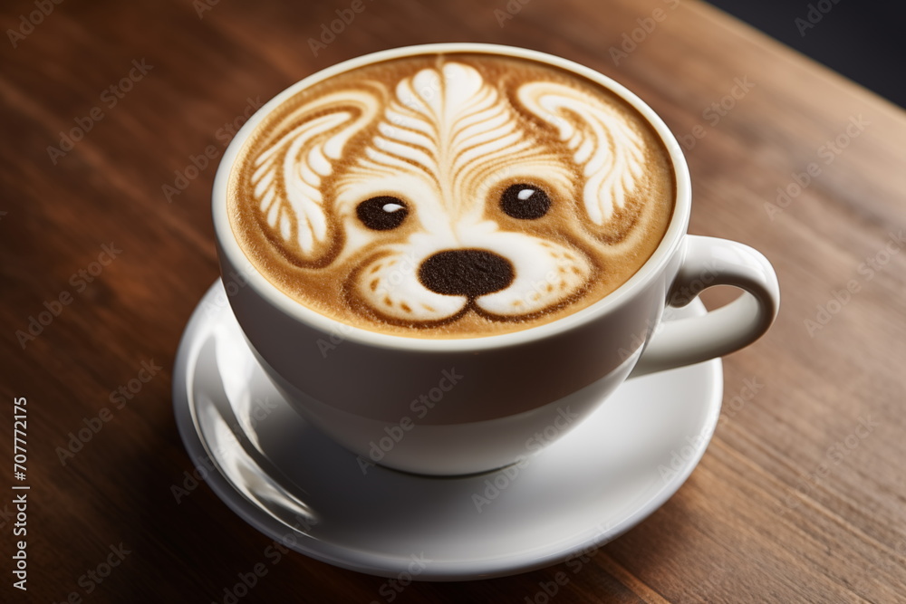 Top view of latte with dog latte art foam, cappuccino art, wood table ...
