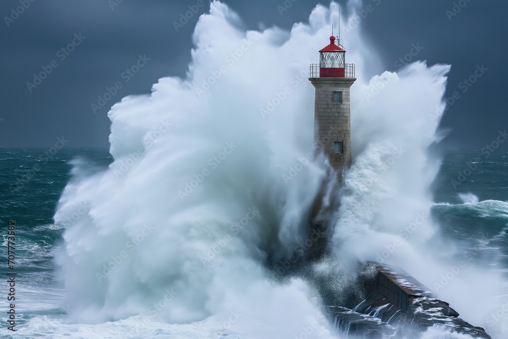 Begining of an amazing wave on la Jument Lighthouse Stock Photo | Adobe ...