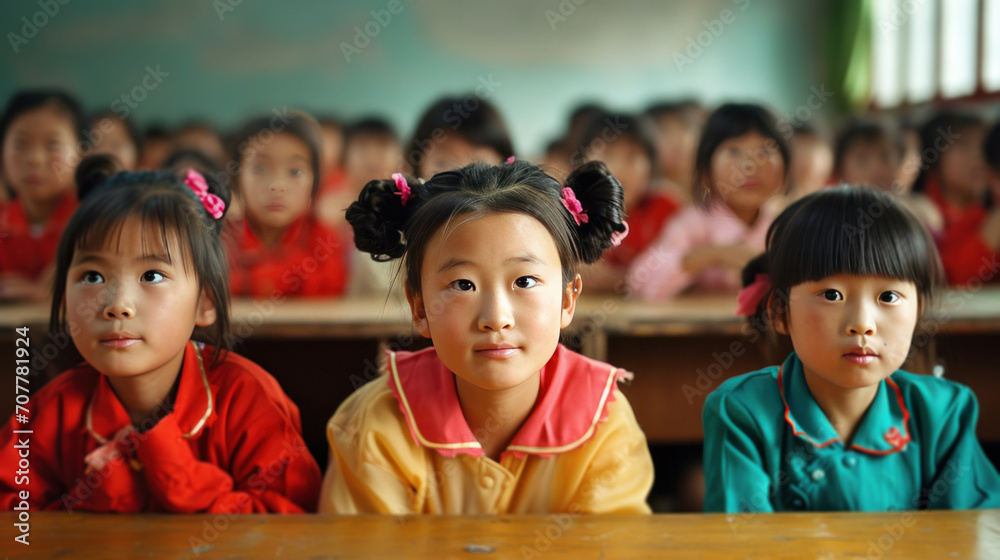 children's Chinese faces, brightly colored uniforms, and engaged ...